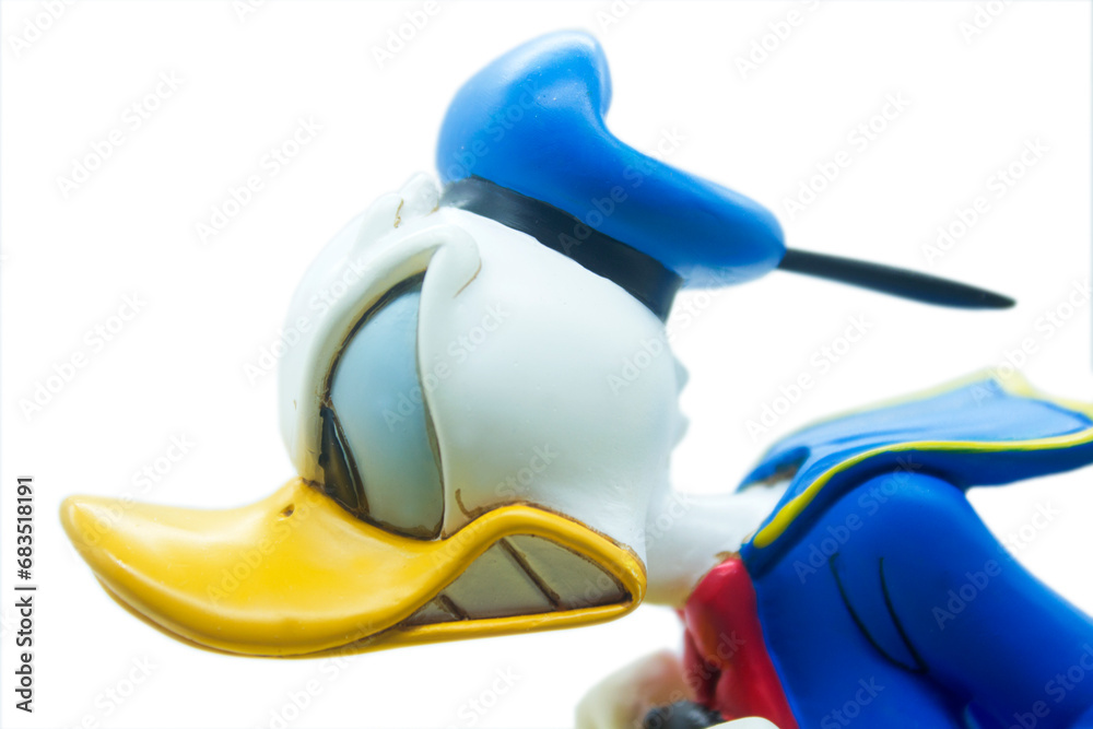 Studio image of an angry Donald Duck with a white isolated background ...