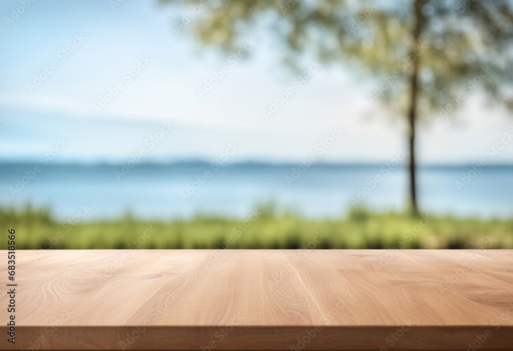 Empty wooden table top in front, blurred summer background. Blank ...