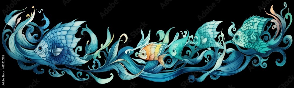 Beautiful decorative frieze with blue and yellow exotic fish in ...