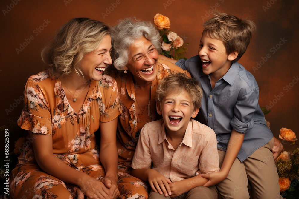 Three generations together in their home full of joy and love, laughing ...