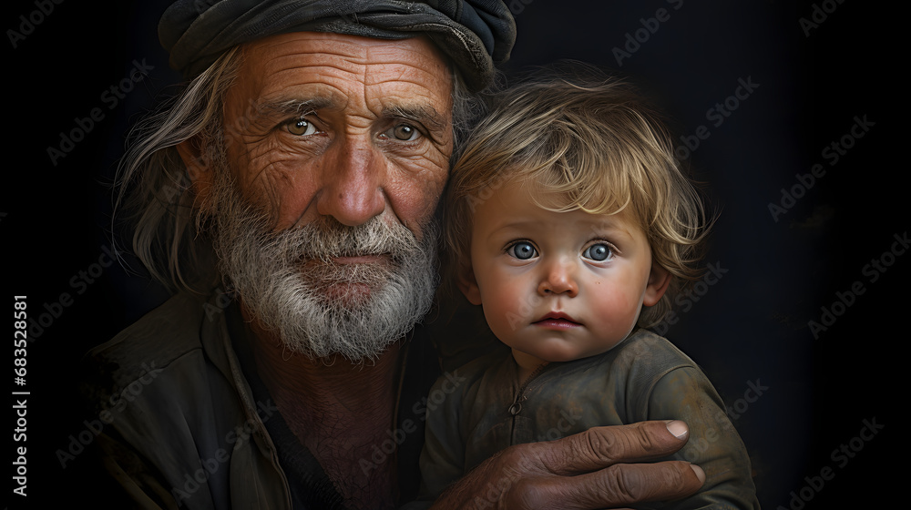 old man with a baby, grandfather with his grandson, old man and baby ...