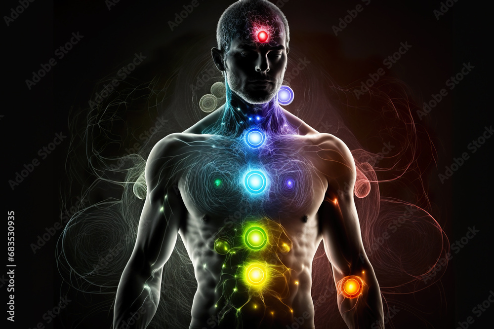 Esoteric chakras and kundalini energy glowing in man silhouette. Person ...