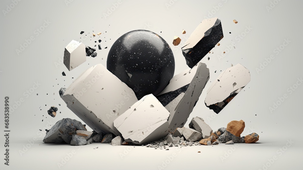 Dynamic scene of colliding stones. Abstract background for graphic ...