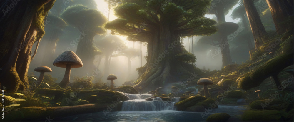 a mystical forest with towering ancient trees, glowing mushrooms, and a ...