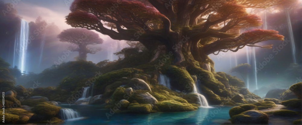 a mystical forest with towering ancient trees, glowing mushrooms, and a sparkling waterfall ...