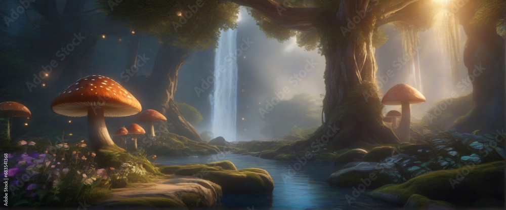 a mystical forest with towering ancient trees, glowing mushrooms, and a ...