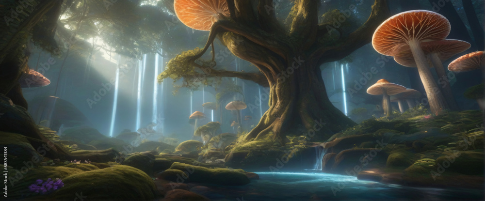 a mystical forest with towering ancient trees, glowing mushrooms, and a ...