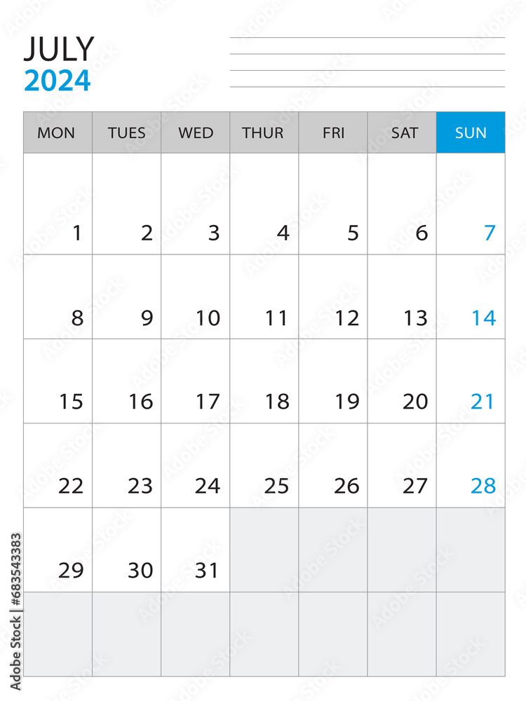 July 2024 - Calendar 2024 template vector illustration, week start on ...