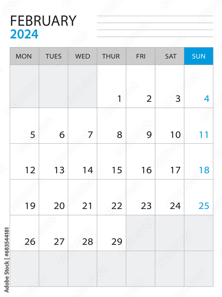 February 2024 - Calendar 2024 template vector illustration, week start ...