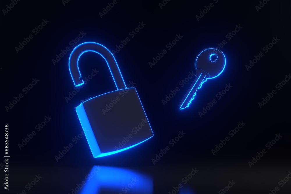 Lock and key fly with bright glowing futuristic blue neon lights on ...