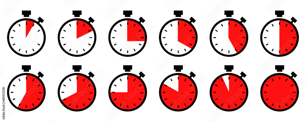 Timer, stopwatch icons. A collection of watches. Red countdown timer ...