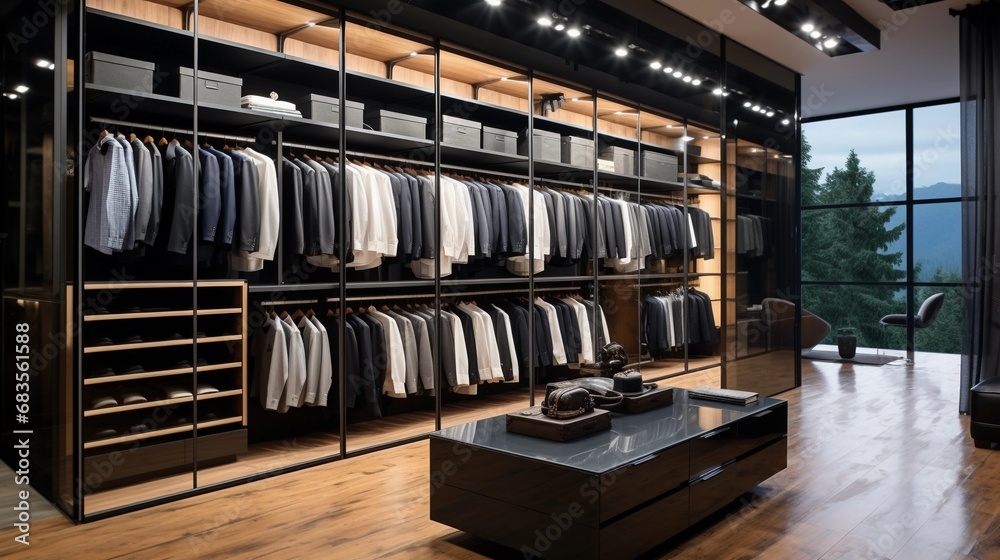 Exclusive men's dressing room in a modern home, a room with clothes ...