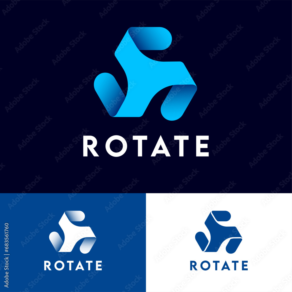 Rotate logo. Blue elements in the form of rotating bended ribbons or ...