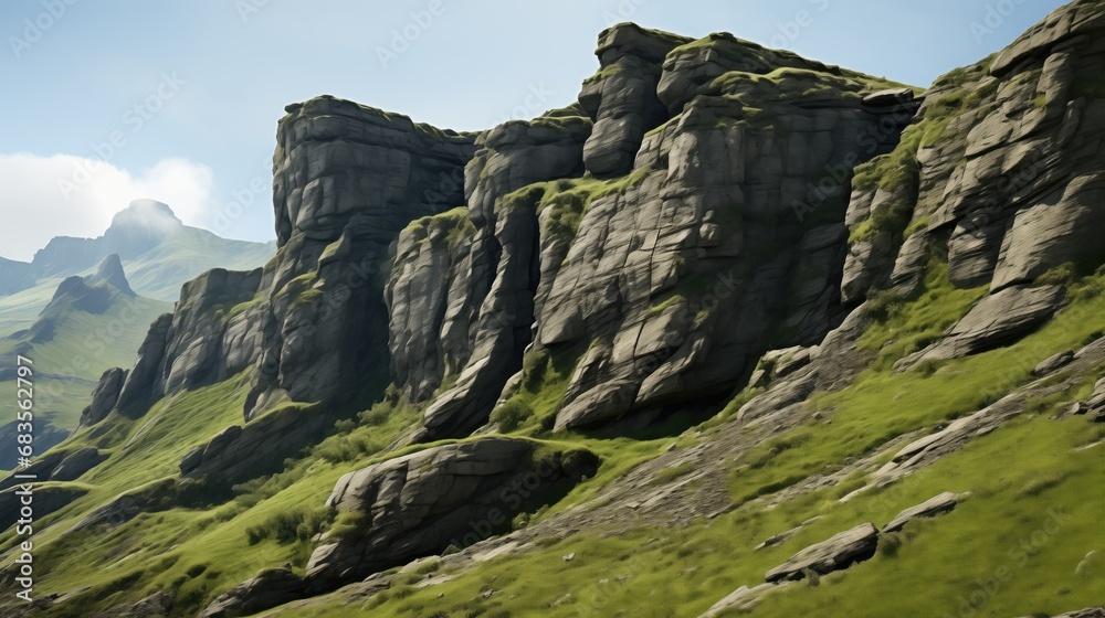 High-resolution image of a rugged, moss-covered rocky mountain cliff ...