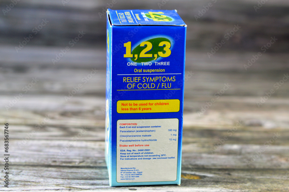 Cairo, Egypt, November 20 2023: One Two Three 123 cold flu oral ...