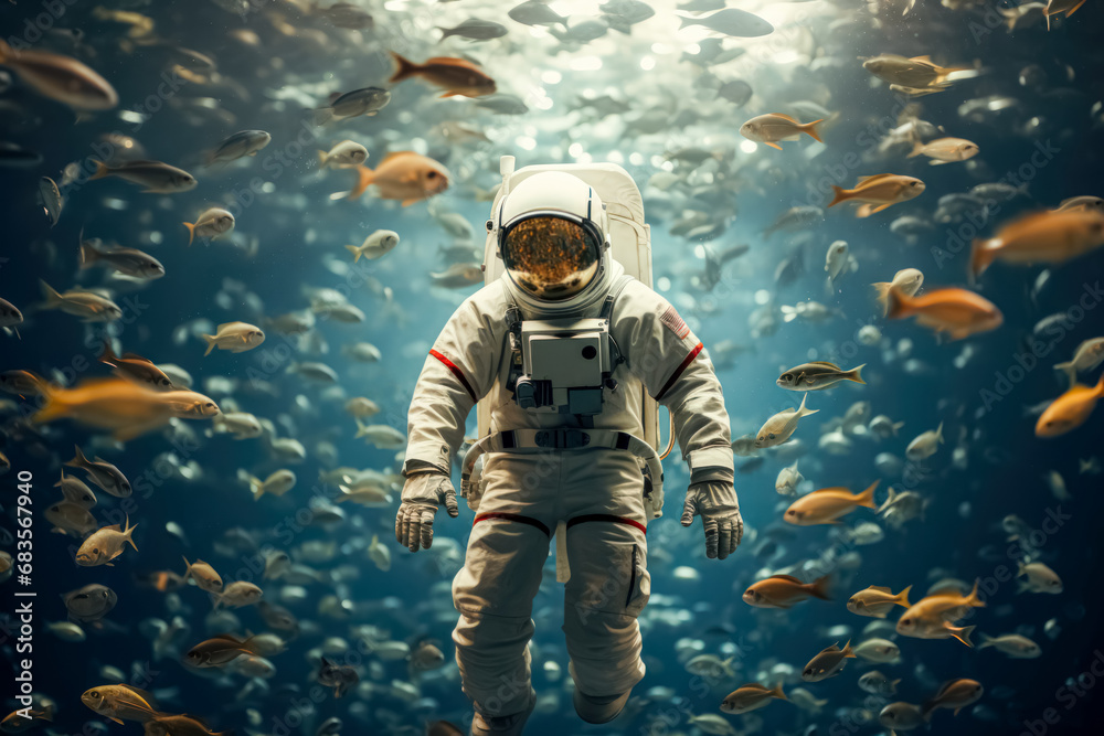 An astronaut floats serenely among a school of fish in a surreal ...