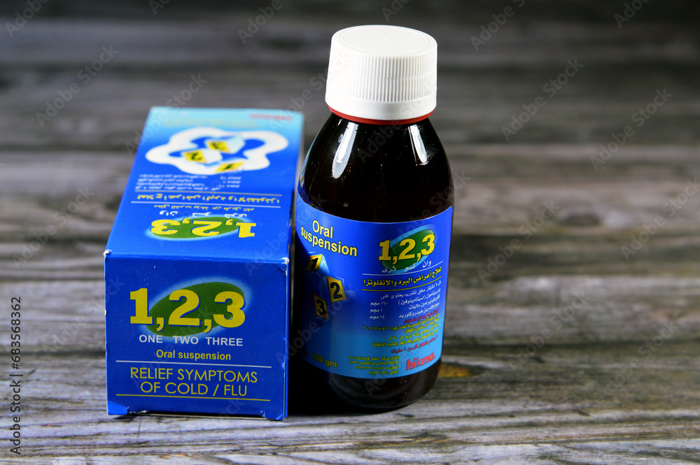 Cairo, Egypt, November 20 2023: One Two Three 123 cold flu oral ...