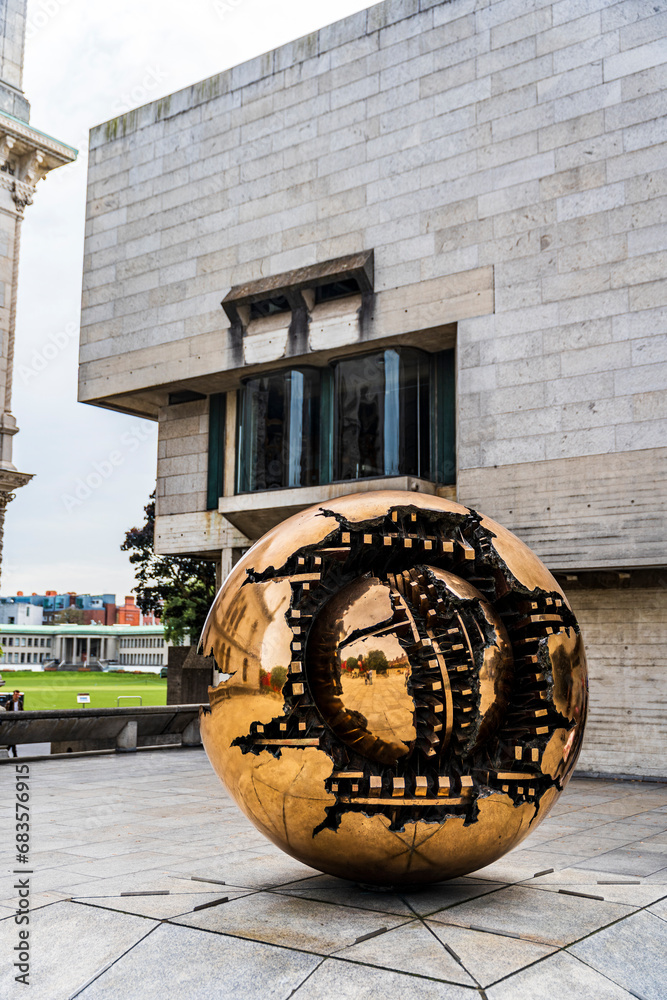 The Berkeley Library with contemporary bronze sculpture called Sphere ...
