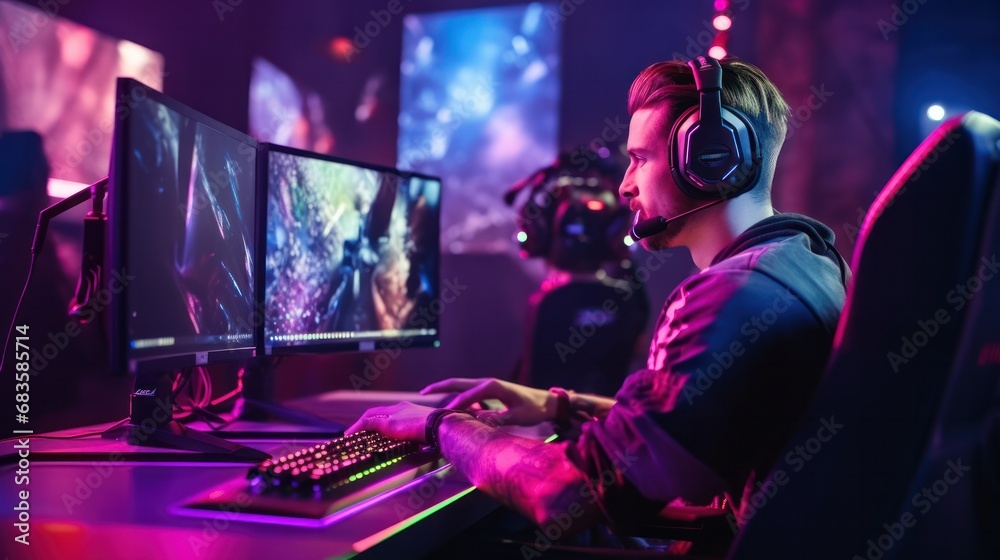 pro gamer man in headphones live streaming while playing online ...