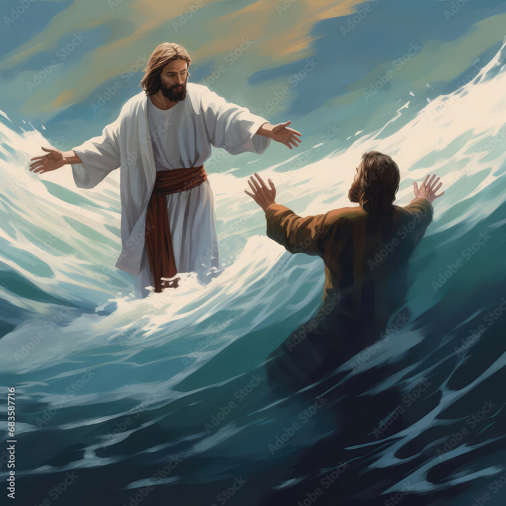 Jesus and Peter on the Water Stock Illustration | Adobe Stock