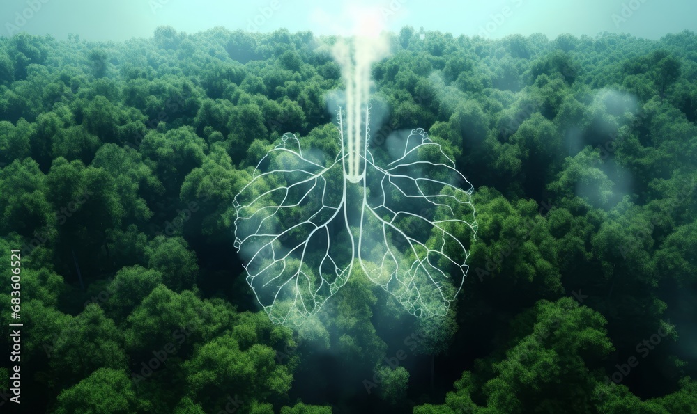 Shape of lungs in middle of forest with a view from above. Concept of ...