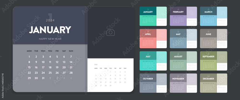 2024 Creative minimal business monthly Calendar template vector. Desk ...