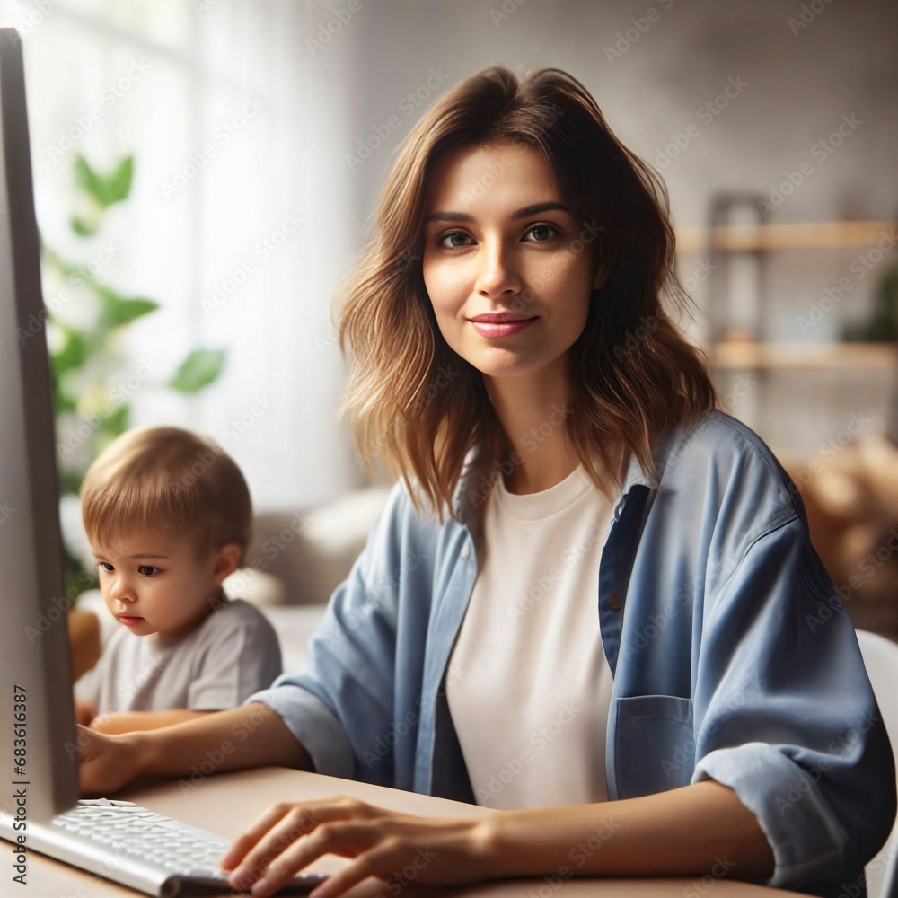 Mother with small child working on computer from home. Woman balancing ...