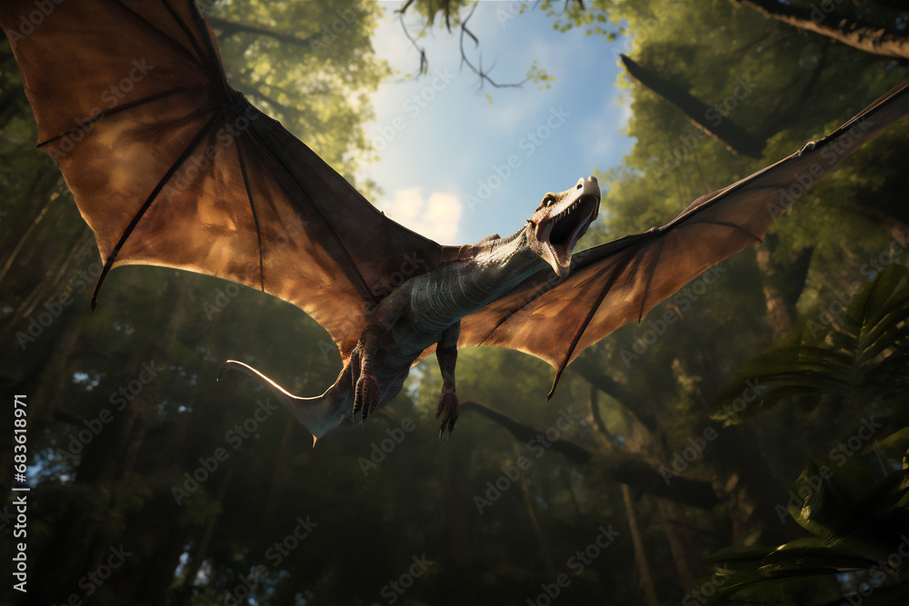 pteranodon flying in the sky, ancient forest,full body, hyper realistic ...