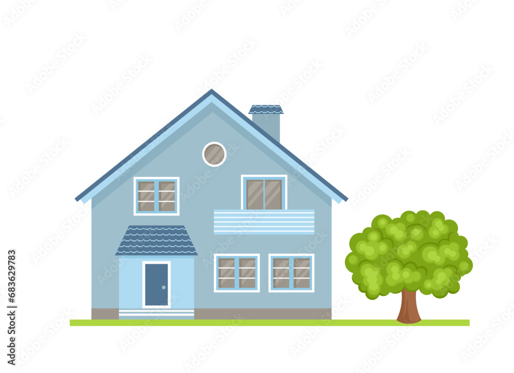 Blue house isolated on a white background. Vector cottage and green ...