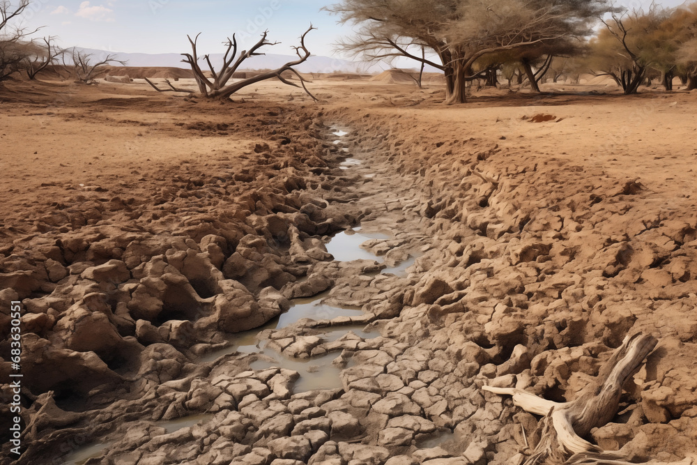 Cracked dry riverbed, showcasing the effects of climate change on water ...