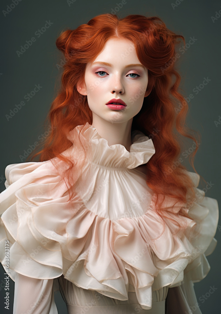 Beautiful Woman Model with red Hair and pale Skin in haute couture ...