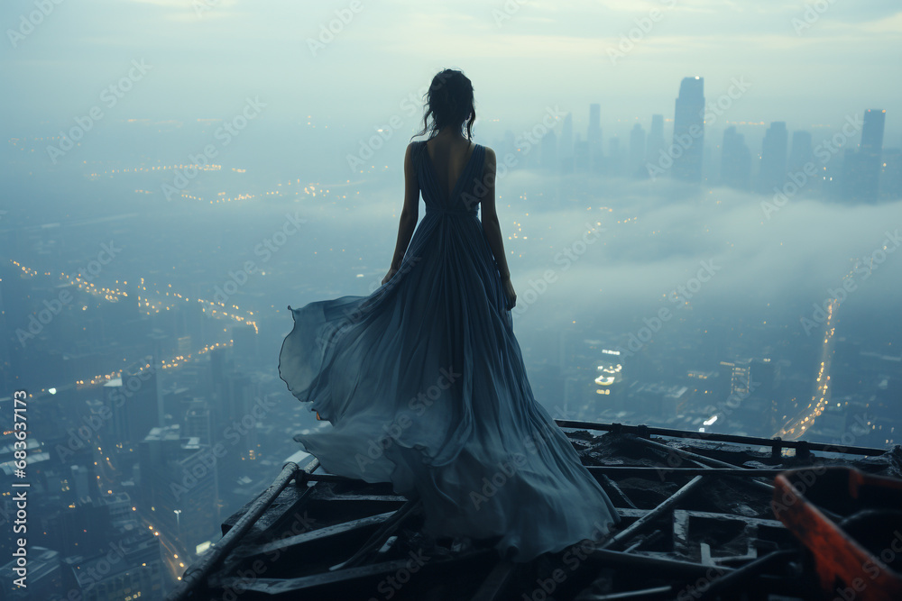 Fantasy, psychology concept. Woman with long dress standing in the edge ...