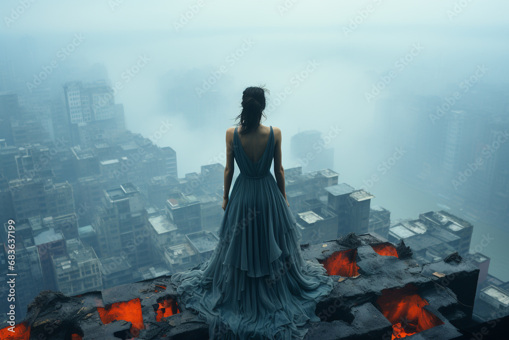 Fantasy, psychology concept. Woman with long dress standing in the edge ...