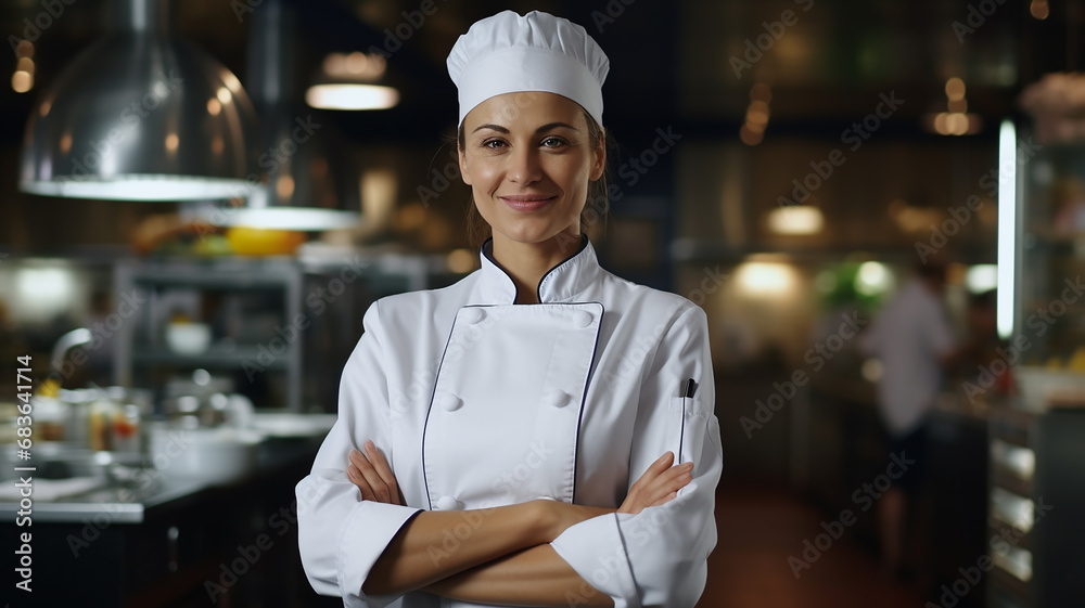 Female chef wearing restaurant uniform Standing with his arms crossed ...