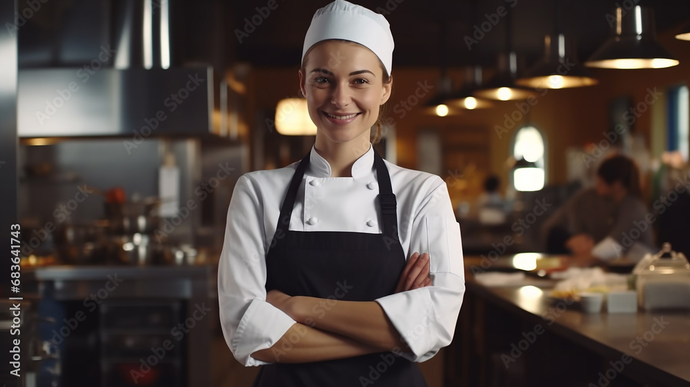 Female chef wearing restaurant uniform Standing with his arms crossed ...