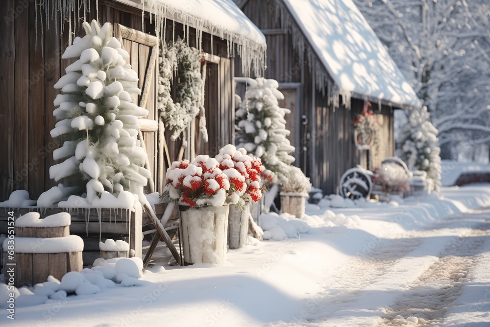 snowy scene row wooden buildings snow covered plants santa inside ...