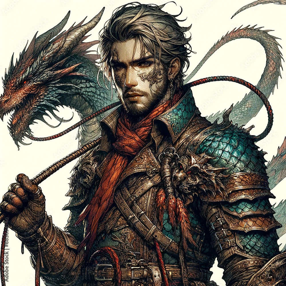 Portrait of a dragon-tamer with dragon-scale armor and a whip, depicted ...