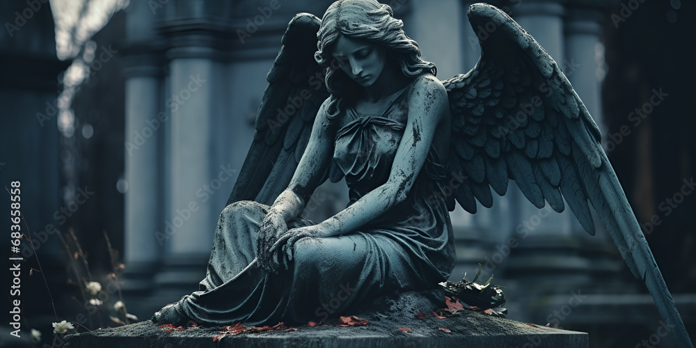 Stone statue of a sad angel Theme of loss and bereavement of a child ...