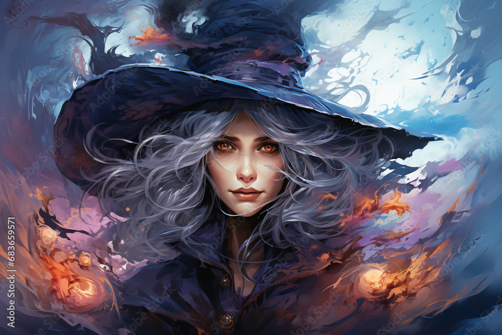 A beautiful witch girl in a hat with a large brim. A sorceress, a ...