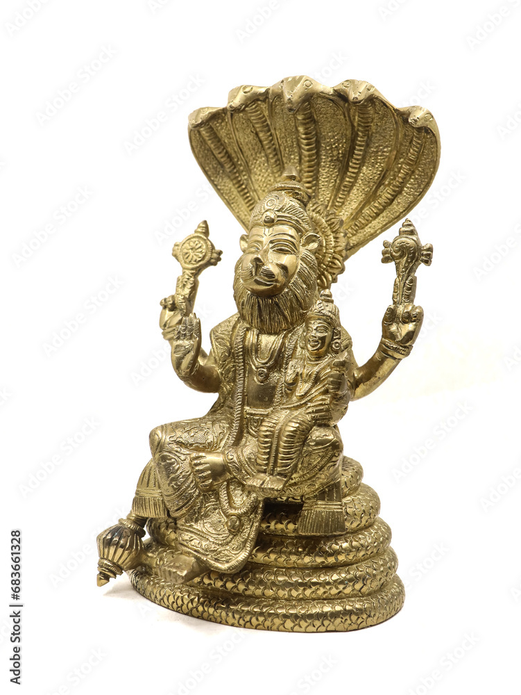 golden statue of lord vishnu avatar, narasimha lion faced with multiple ...