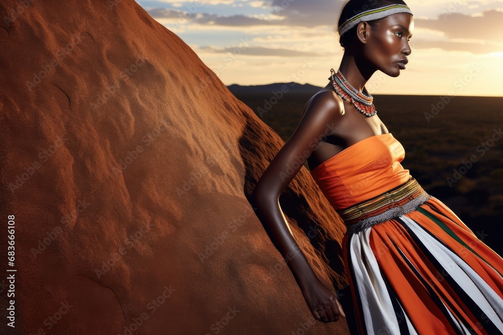 female model from kenia in a traditional african dress posing in an ...