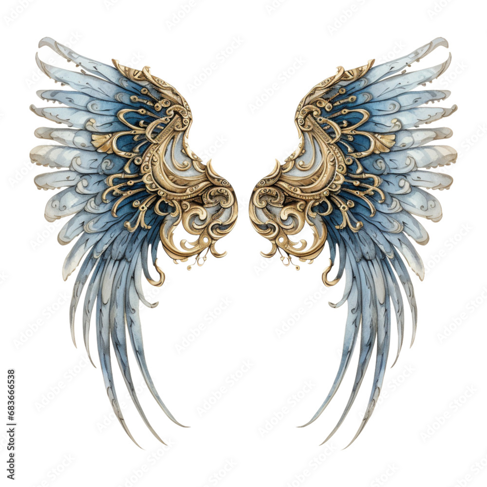 angel wings on a transparent background, in the style of light indigo ...