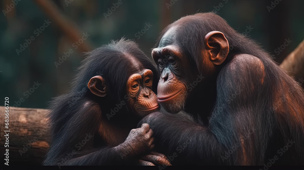 Chimpanzee Mother Petting Her Son in a Tender Way Blurry Background ...