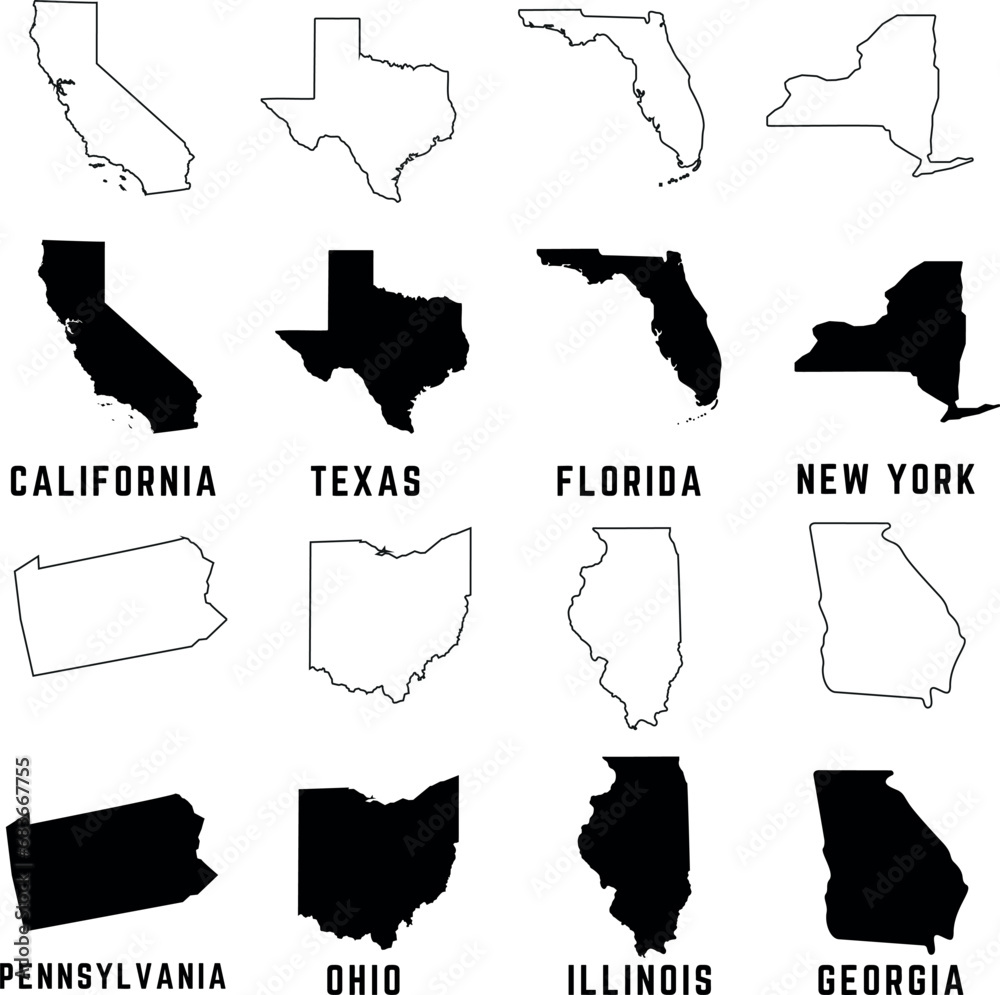 US State Outlines Vector Illustration. Black and white display of ...