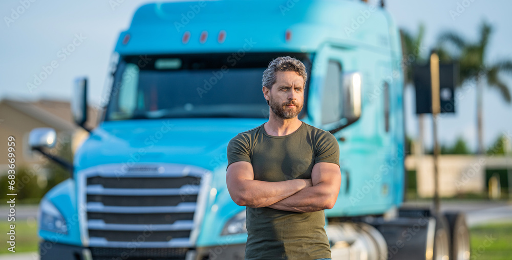 hispanic man posing in front of truck. Semi trucks vehicle. man driver ...