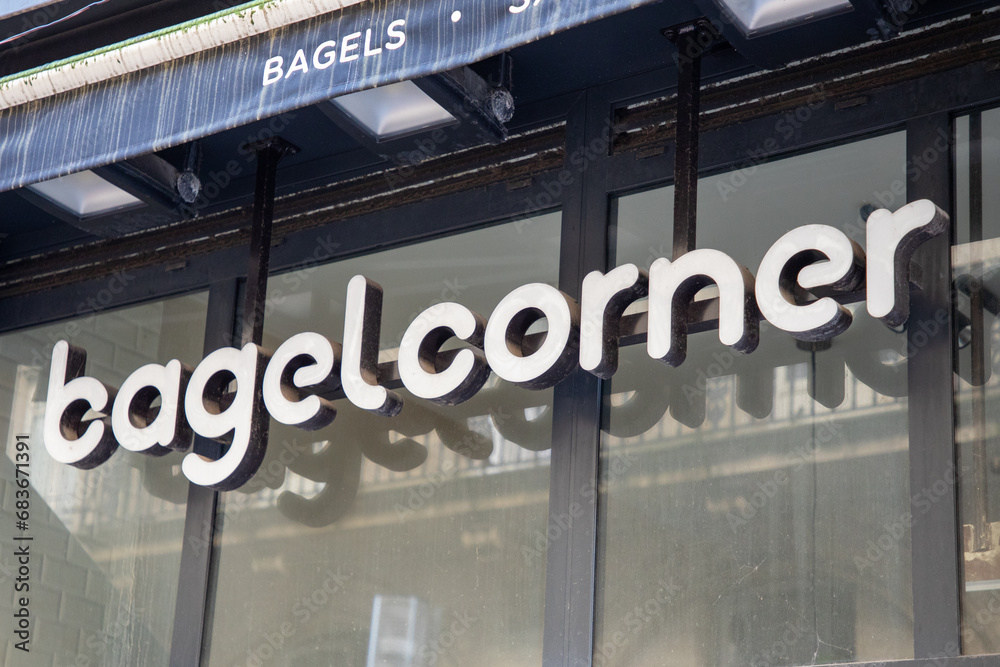 Bagel corner fastfood windows facade restaurant sign brand and logo ...
