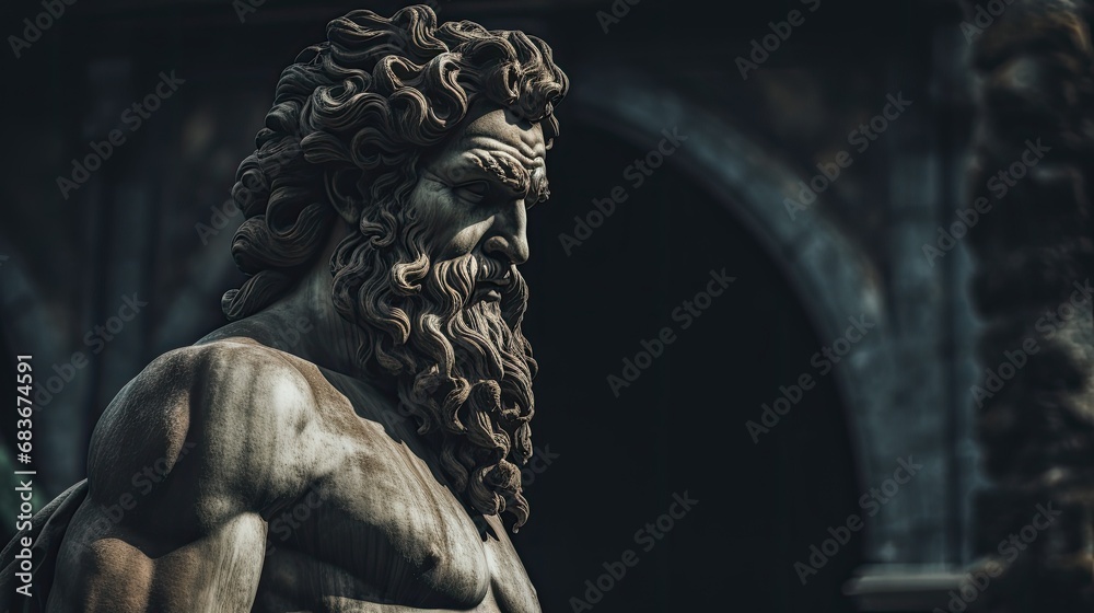 strong stoic greek or roman male statue with a semidark background ...