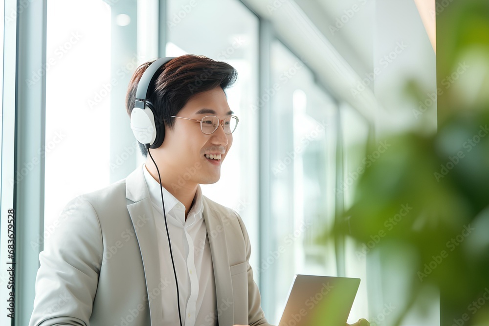Busy young Korean business man executive holding pad computer at work ...