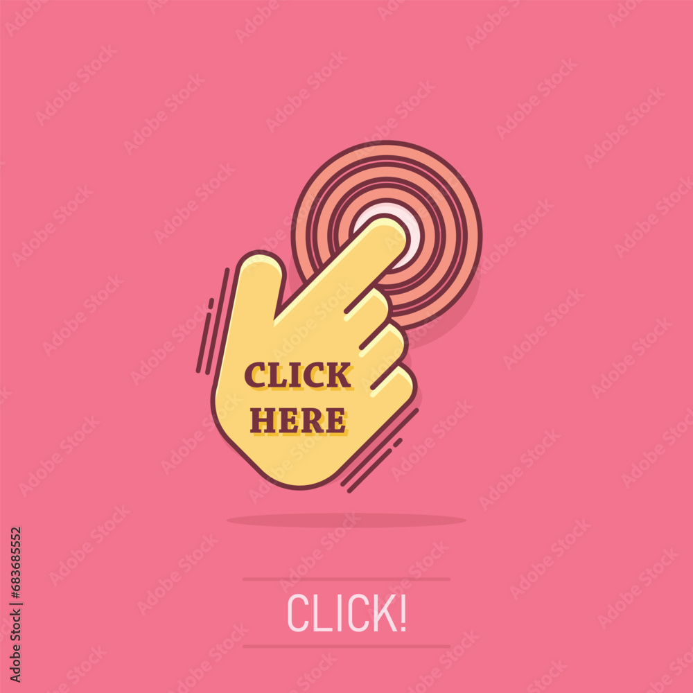 Vector cartoon click here icon in comic style. Hand cursor sign ...
