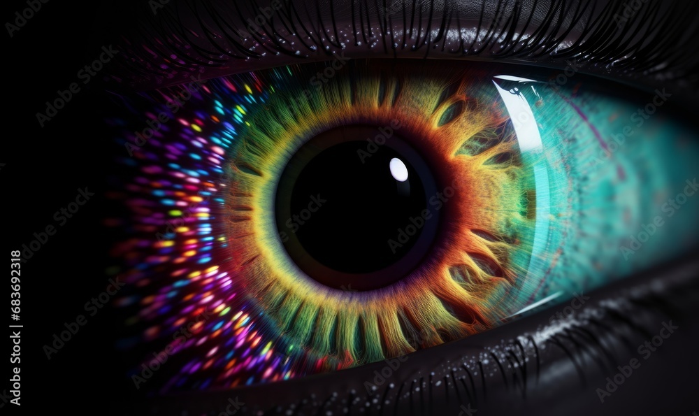 Human multicolored iris of the eye animation concept. Rainbow lines ...